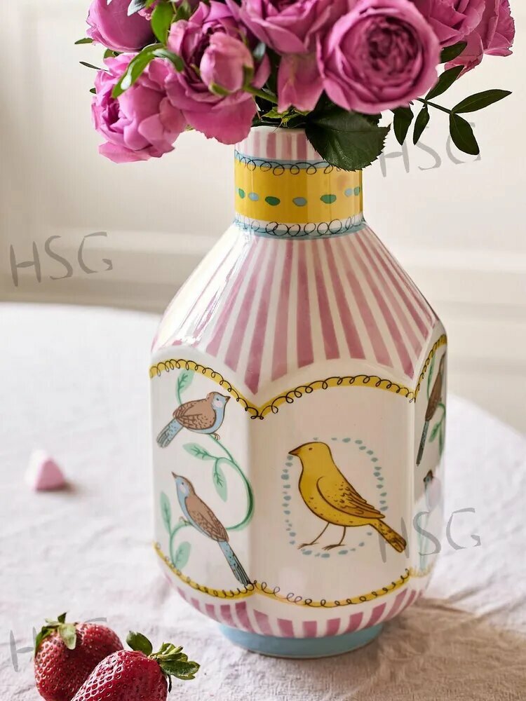 Фарфоровая ваза 'Соловей и Роза' – цветочный декор для гостиной и офиса (ручная роспись, подходит для гидропоники25 см)