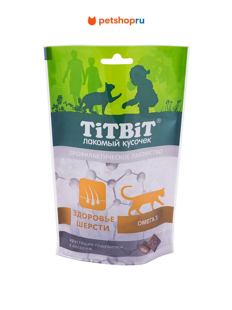 TiTBiT Лакомство для кошек Хрустящие подушечки с лососем для здоровья шерсти, 60г