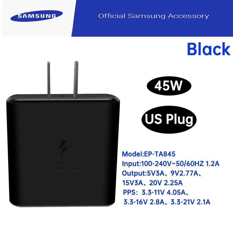SAMSUNG Зарядное устройство 45 Вт Usb Type C Pd 25 Вт Super Fast 45w US Black, add 1m cc cable