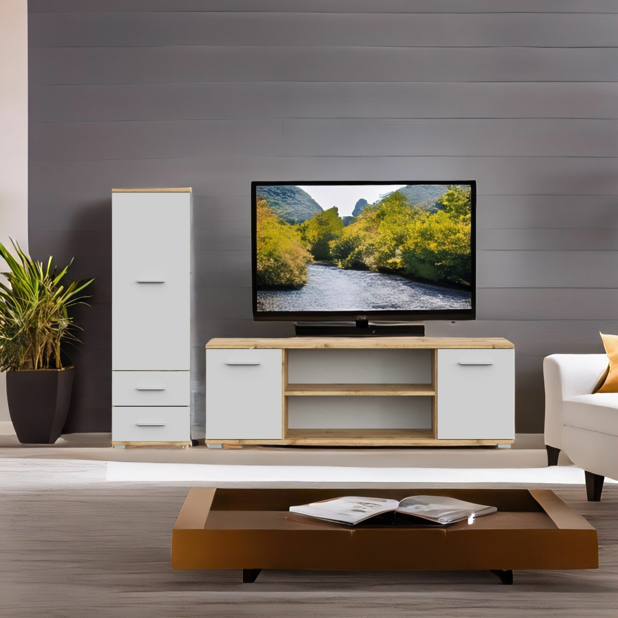 Стенка в гостинную, комплект мебели в гостиную FUN, Дуб Вотан/Белый, 170х174х34 см (ШхВхГ)