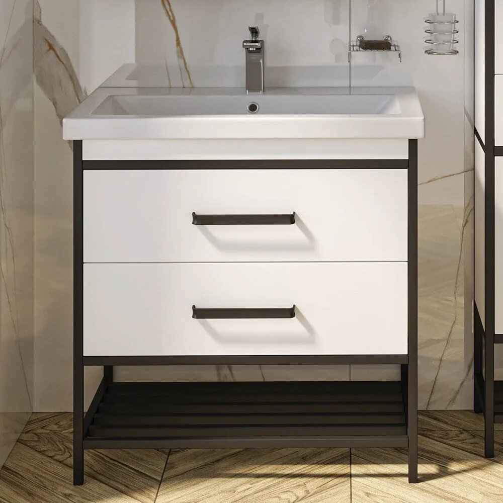 Тумба под раковину без столешницы Sanflor Норд напольная, белая, черная, матовая, из ЛДСП, тумба для ванной, с ящиками, с доводчиками, лофт