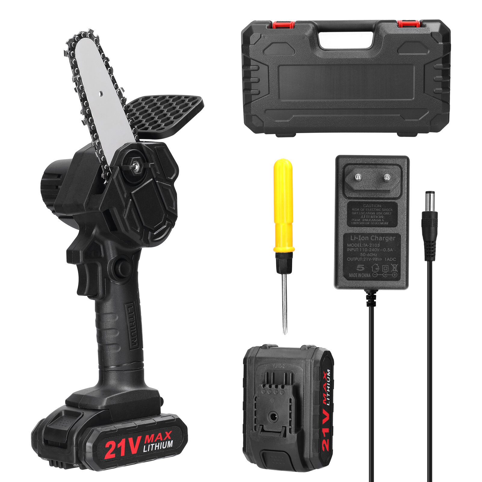 Электрические пила для обрезки 21V 500W 4 дюйма с аккумулятором литиевым, портативная небольшая цепная пила для раскола древесины с щеточным двигателем, одноручной электроинструмент для плотника, для сада и сада, черный цвет, 1 или 2 аккумулятора