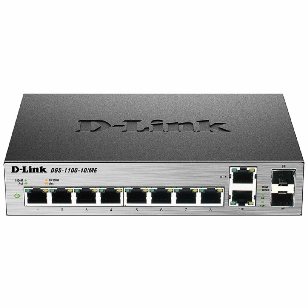 Коммутатор D-Link DGS-1100-10/ME/A2A гигабитный управляемый L2, 8xRJ45 1Гбит/с, 2xComboSFP