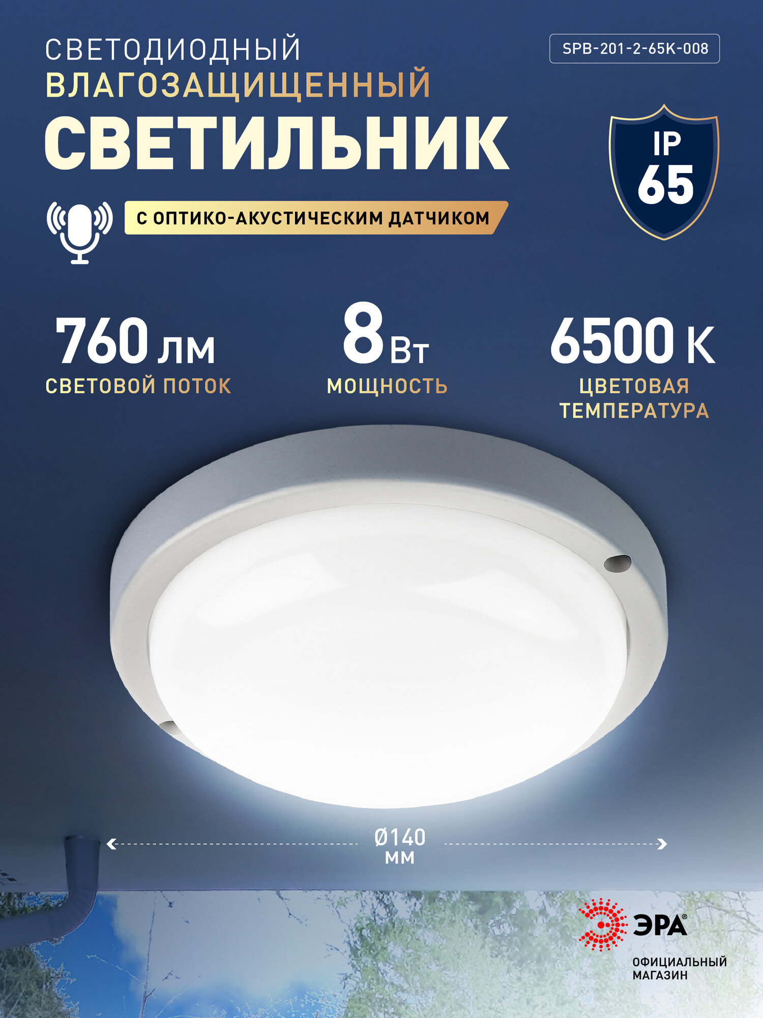 Светильник настенно-потолочный уличный ЭРА SPB-201-2-65K-008 светодиодный с датчиком, IP65, 6500K, 8Вт