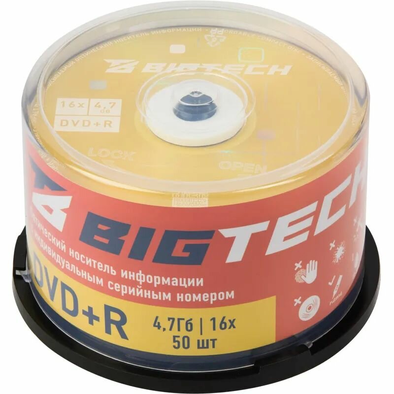 Носители информации BigTech DVD+R, 4,7 Гб, 16х, cake box, диаметр 120 мм