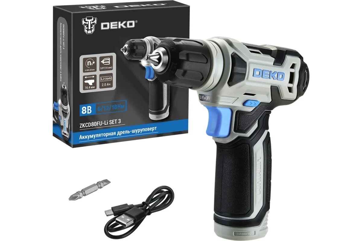 Дрель-шуруповерт аккумуляторная DEKO ZKCD80FU-Li SET 3 063-4128, 1х2.0Ач, 800 об/мин, 18 Нм