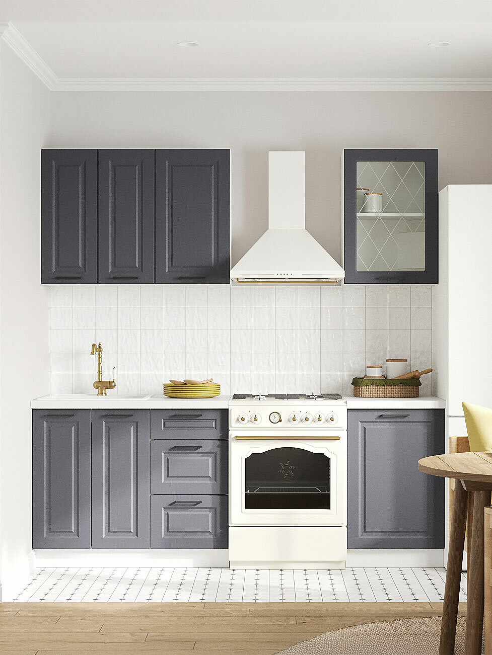 Кухонный гарнитур Шервуд 1.5 м, мебель для дома и кухни, Белый / Шато индиго со стеклом