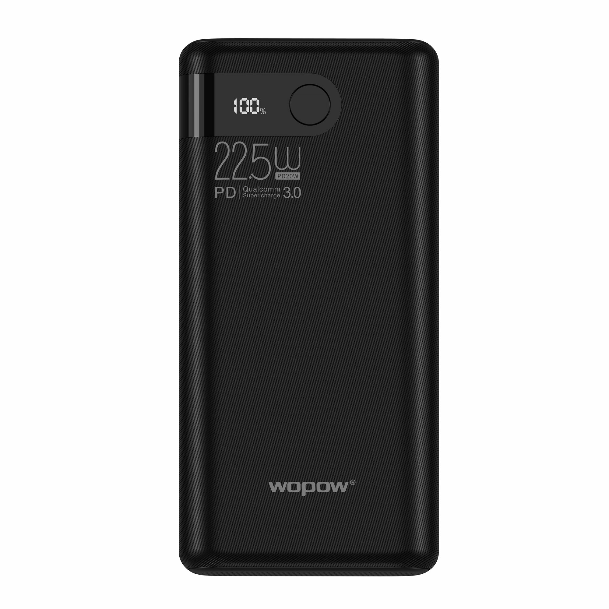 Wopow WP04 20000mAh 22.5W PD Power Bank с цифровым LED индикационером заряда BLACK, 74Wh, A+ полимер, Micro 5V2A 9V2A 12V1.5A, Type-C 5V3A 9V2A 12V1.5A, Type-C 5V3A 9V2.22A 12V1.67A 20W MAX, USB 5V4.5A 9V2A 12V1.5A 18W, ABS+Anti-fire PCt, 144*70*28 mm,