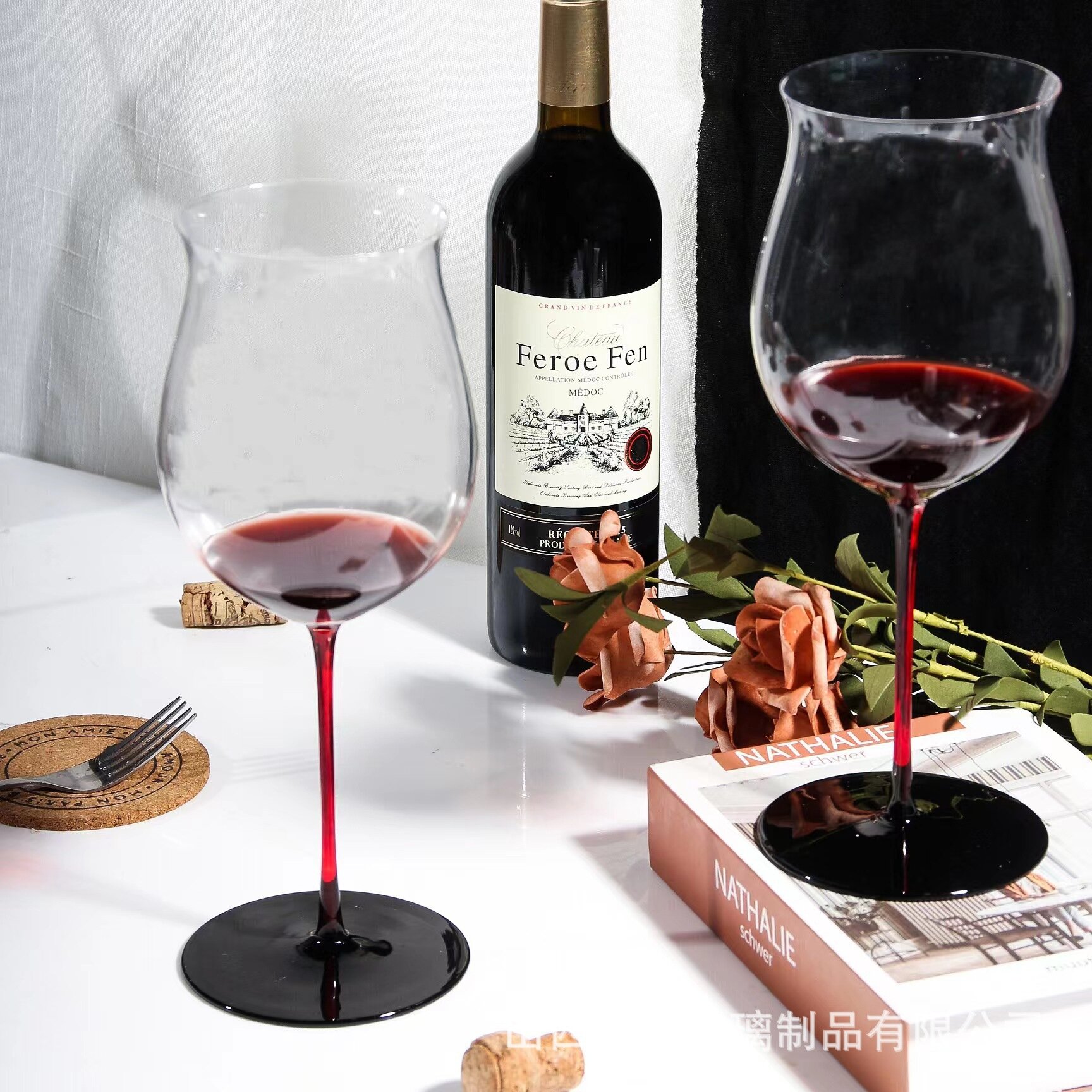 Набор для вина из хрустального стекла: бокалы для красного вина с большим объемом, в форме тюльпана, с черным бантом, в