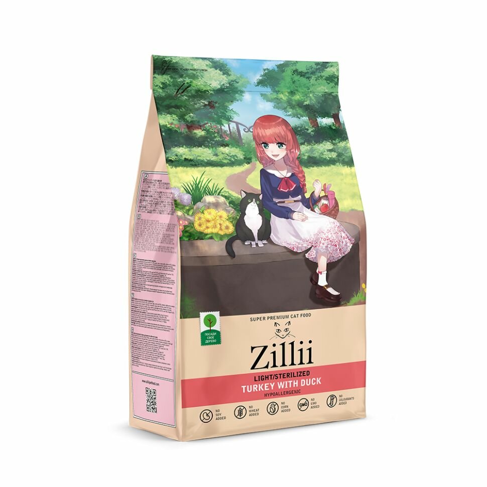 Zillii Light Sterilized Cat сухой корм для взрослых кошек, с избыточным весом и стерилизованных, с индейкой и уткой - 2 кг