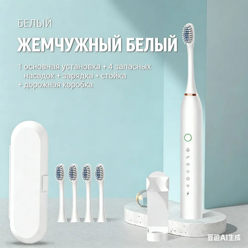 Электрическая зубная щетка Жемчужно-белый с 4 запасными насадками и дорожным футляром