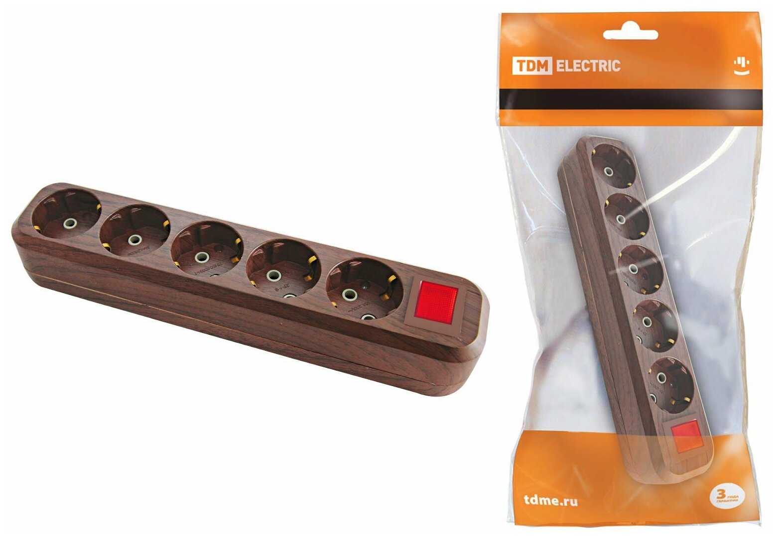 Колодка розеточная 5 гнезд 2П+3 с выключателем16А 250В Эко (бук) TDM {SQ1806-0069} 1 шт