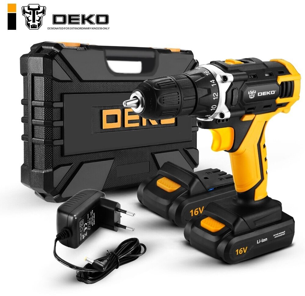 Аккумуляторная дрель-шуруповерт DEKO DKCD16FU-Li Li-Ion 1.5 А·ч 16 В х2 кейс с набором инструментов
