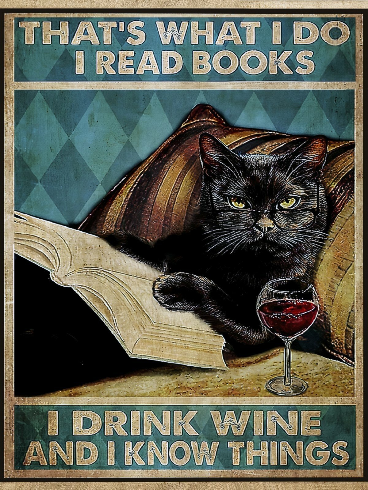 Постер / Плакат / Картина Кот с книгой и вином 40х50 см в подарочном тубусе