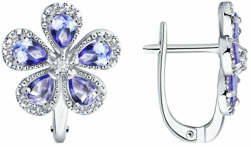 Серьги, белое золото, 585 проба, бриллиант, танзанит