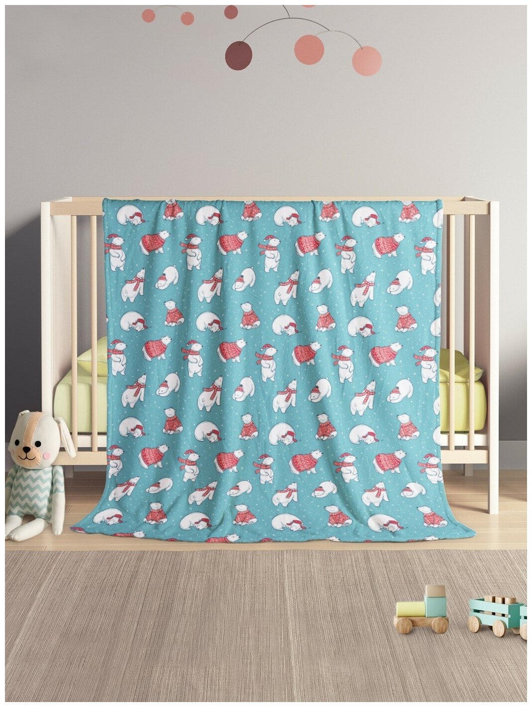 Мягкий плюшевый плед покрывало JoyArty "Рождественские полярные медведи" микрофибра, размер 130 на 180см