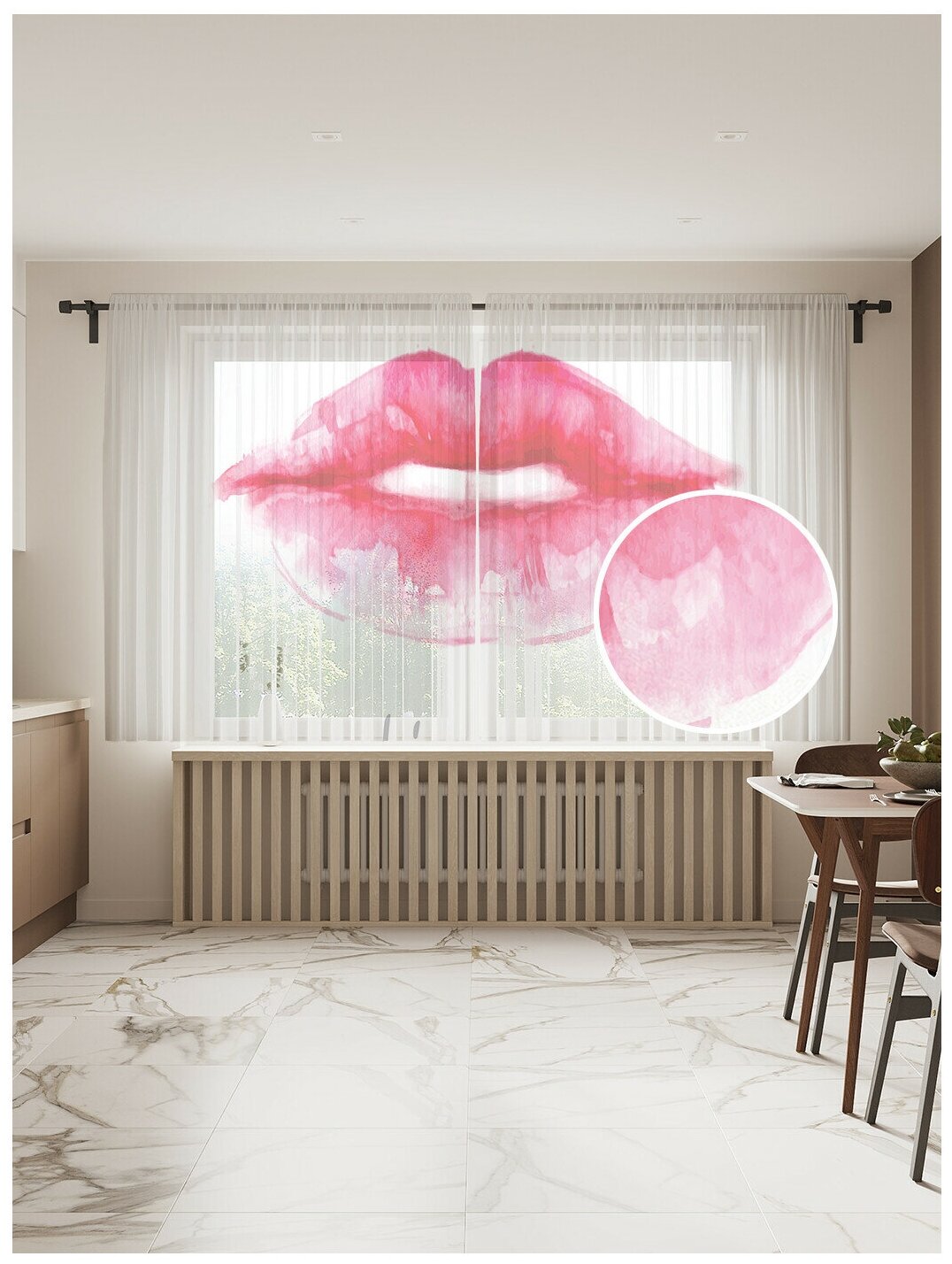 Тюль, фототюль короткий "Притягательные губы" высота 180 см, ширина 145 см (по 2 полотна), JoyArty