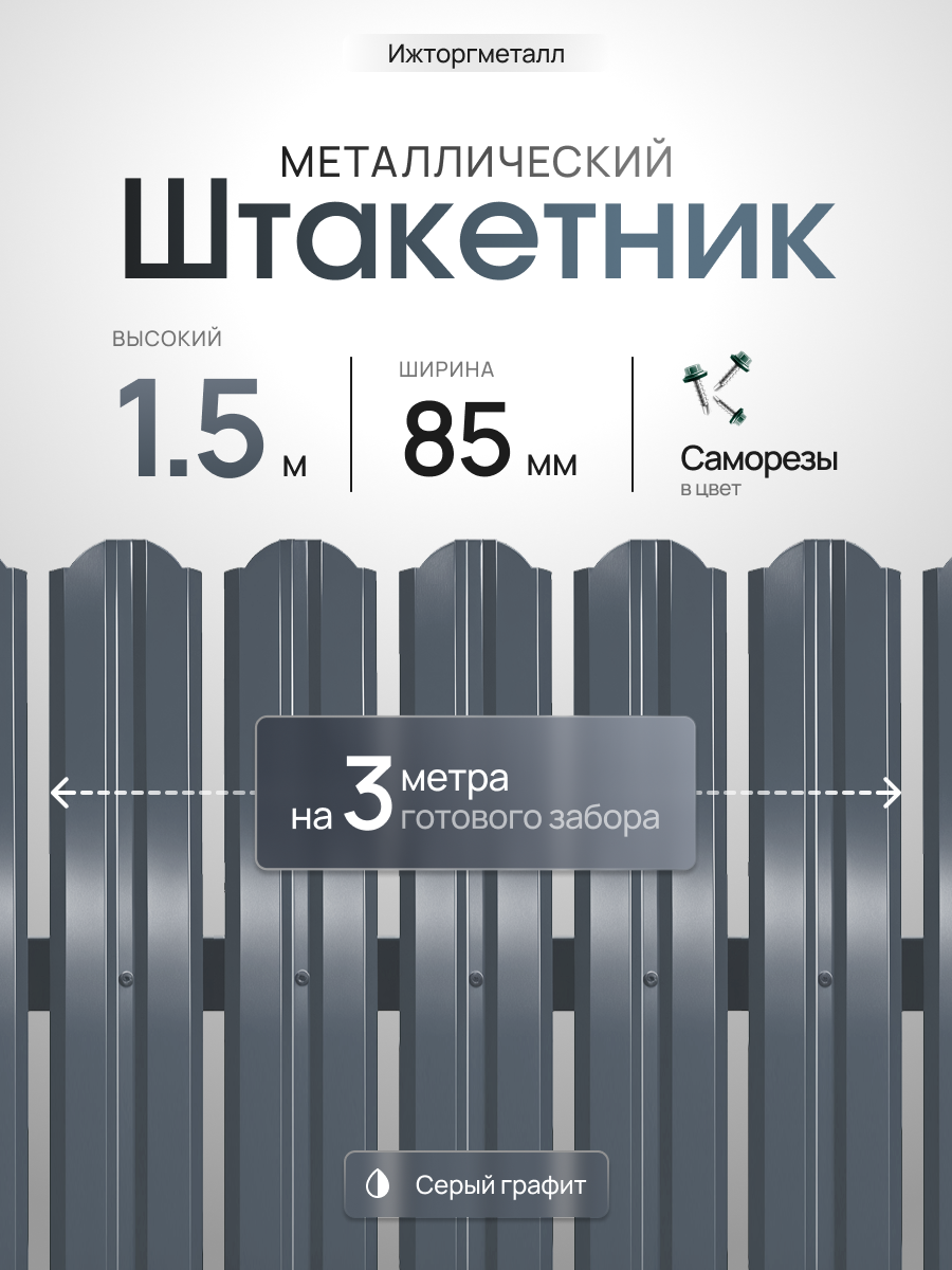Штакетник забор металлический, 150 см, 85 мм, 25 шт, (серый графит), для дачи и огорода