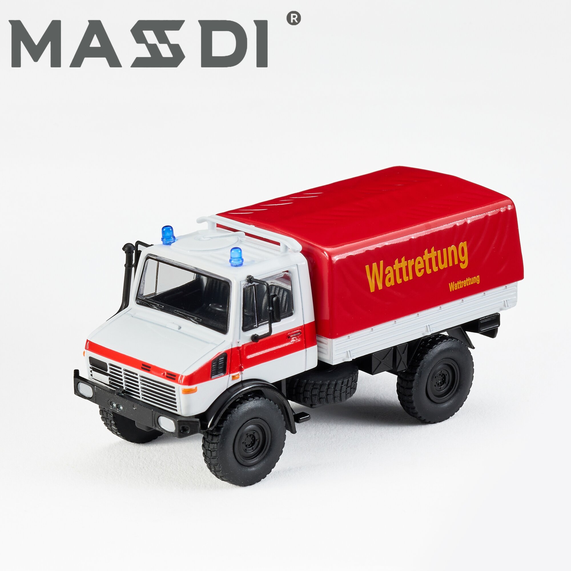 Модель грузовика спасательной службы в масштабе 1:64 из металлического сплава с механизмом обратного хода, расцветка синий/белый/красный