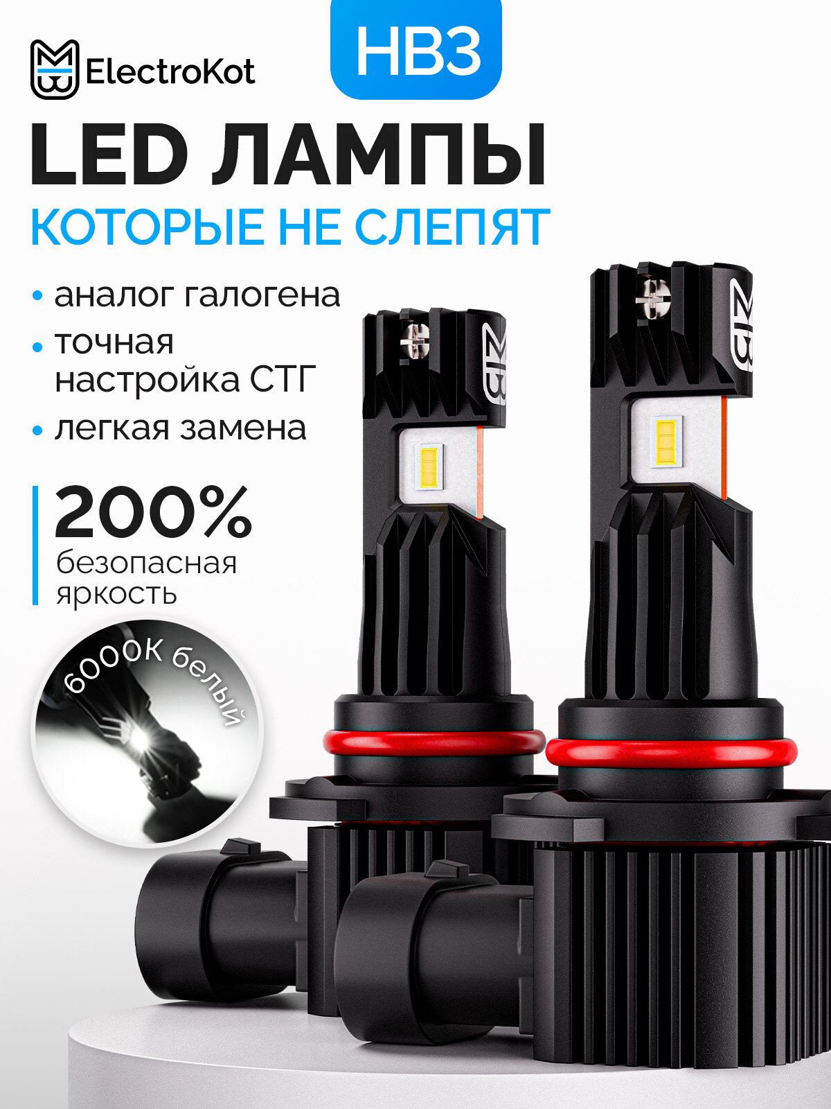 Светодиодные лампы HB3 HIR2 для авто ElectroKot Атомик PRO gen2 6000K белый 2 шт