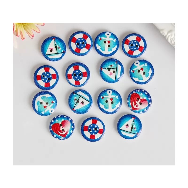 Набор пуговиц декоративных дерево "Любовь и море" набор 15 шт микс 2,3х2,3 см