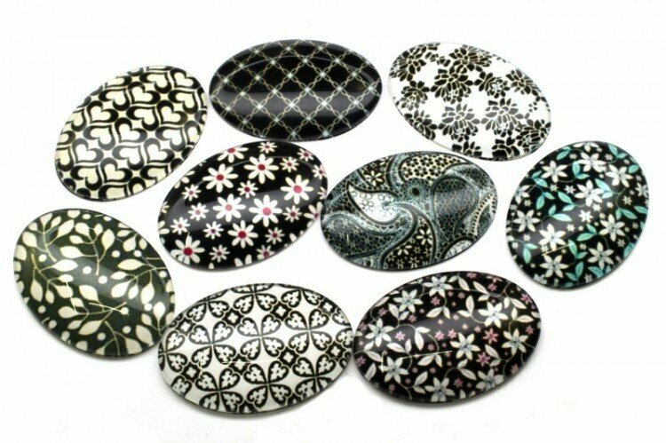 Кабошон стеклянный овальный с принтом Мозаика 35х25х6,5мм, цвет ассорти, 2001-029, 1шт