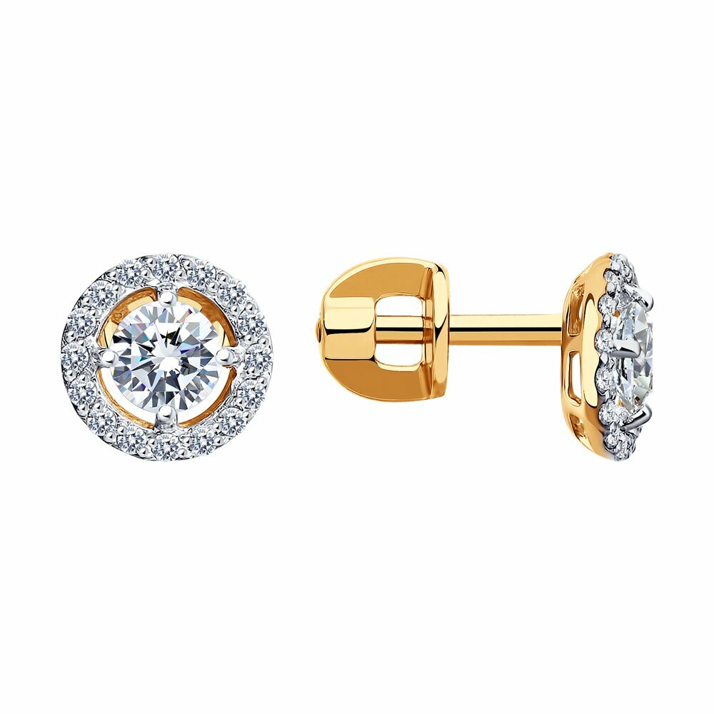 Серьги пусеты, красное золото, 585 проба, фианит