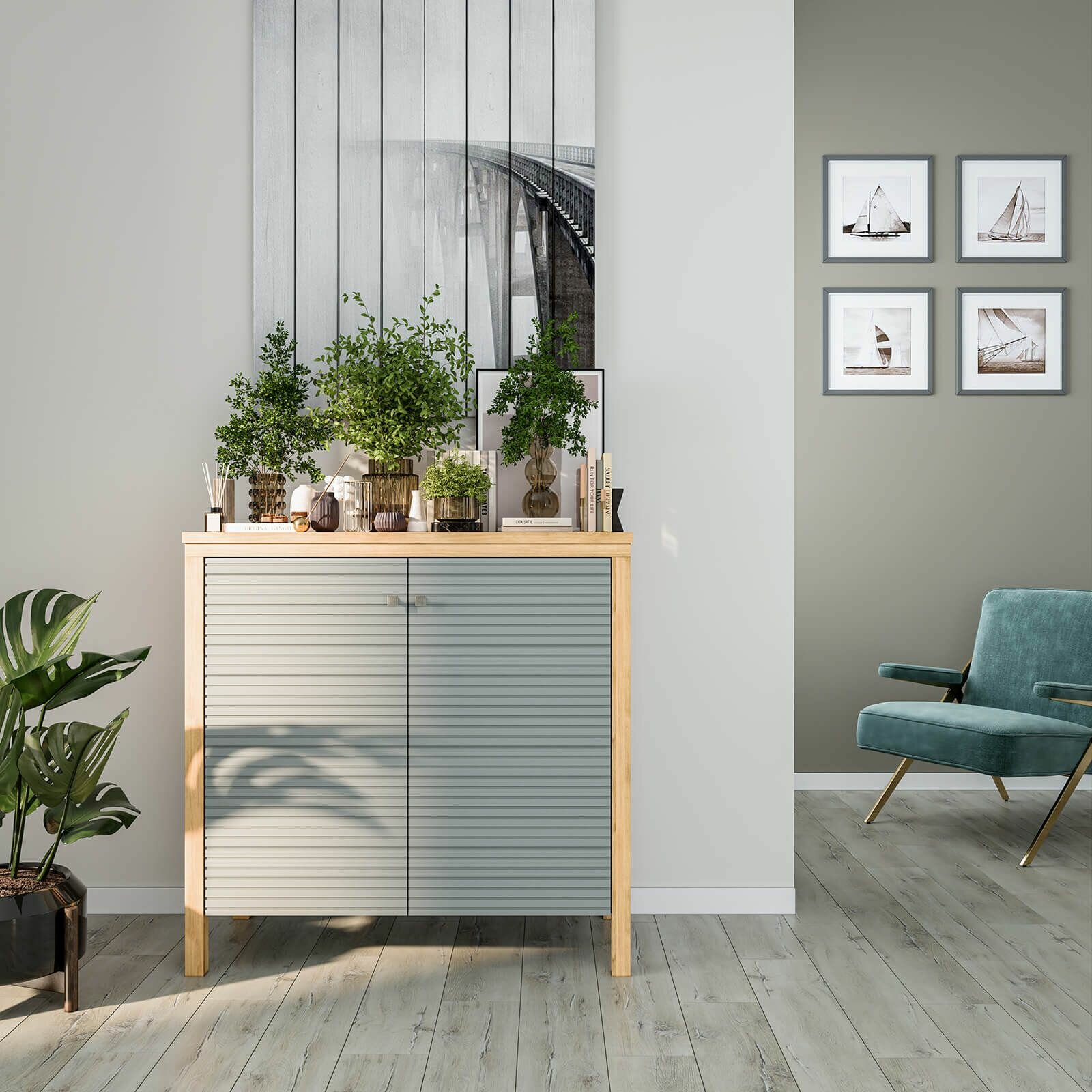 Тумба ММЦ Гостиная Вояж 20 Р/Д (серый №7042/антик 24) из массива сосны