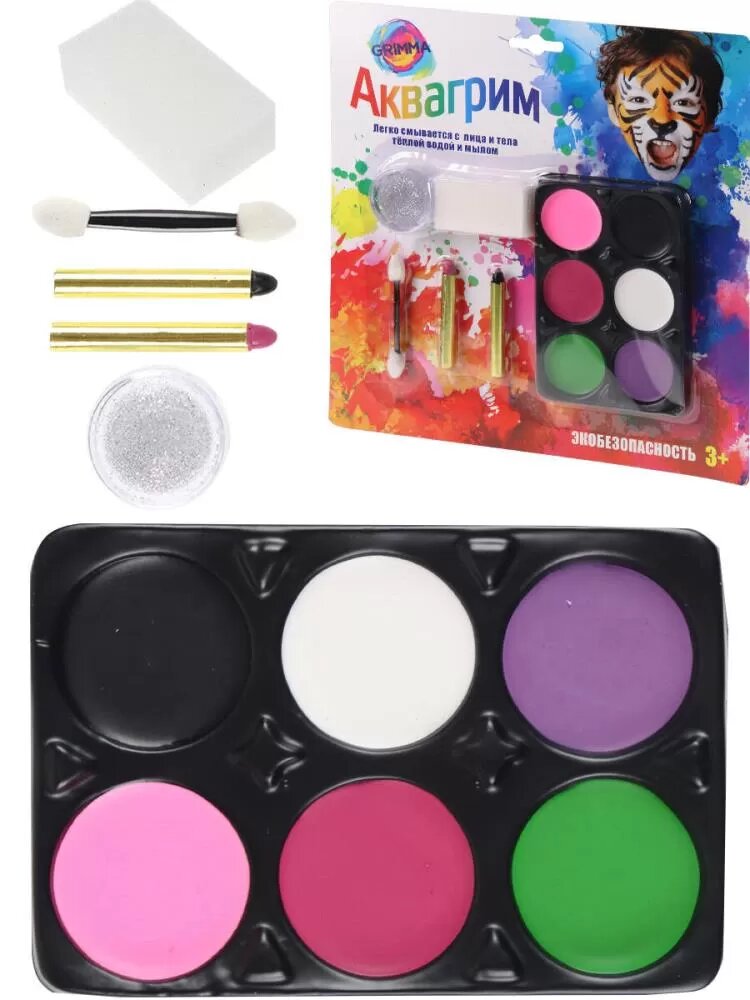 Набор аквагрима для детей-6 цвет, гель для тел и лиц -1шт, каран-2шт, спон 1шт, аппл 1шт (Арт. КС-3596)