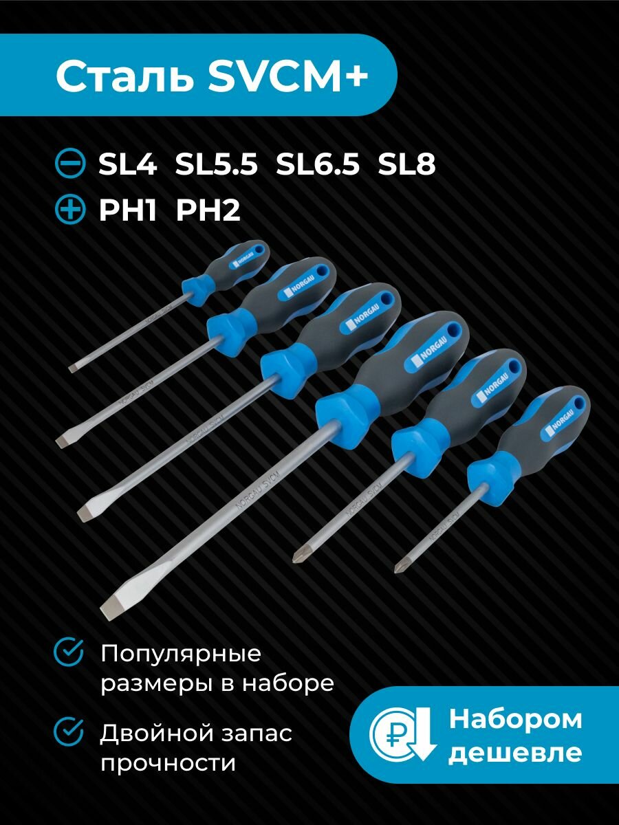 Набор отверток 6 предметов (SL+PH) NORGAU Industrial из стали SVCM