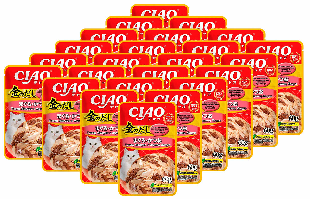 INABA CIAO KINNODASHI для взрослых кошек с тунцом Магуро, тунцом Кацуо 60 гр х 24 шт