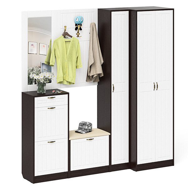 Прихожая П-6 Компоновка № 31, цвет венге/фасады МДФ белое дерево фрезеровка прованс