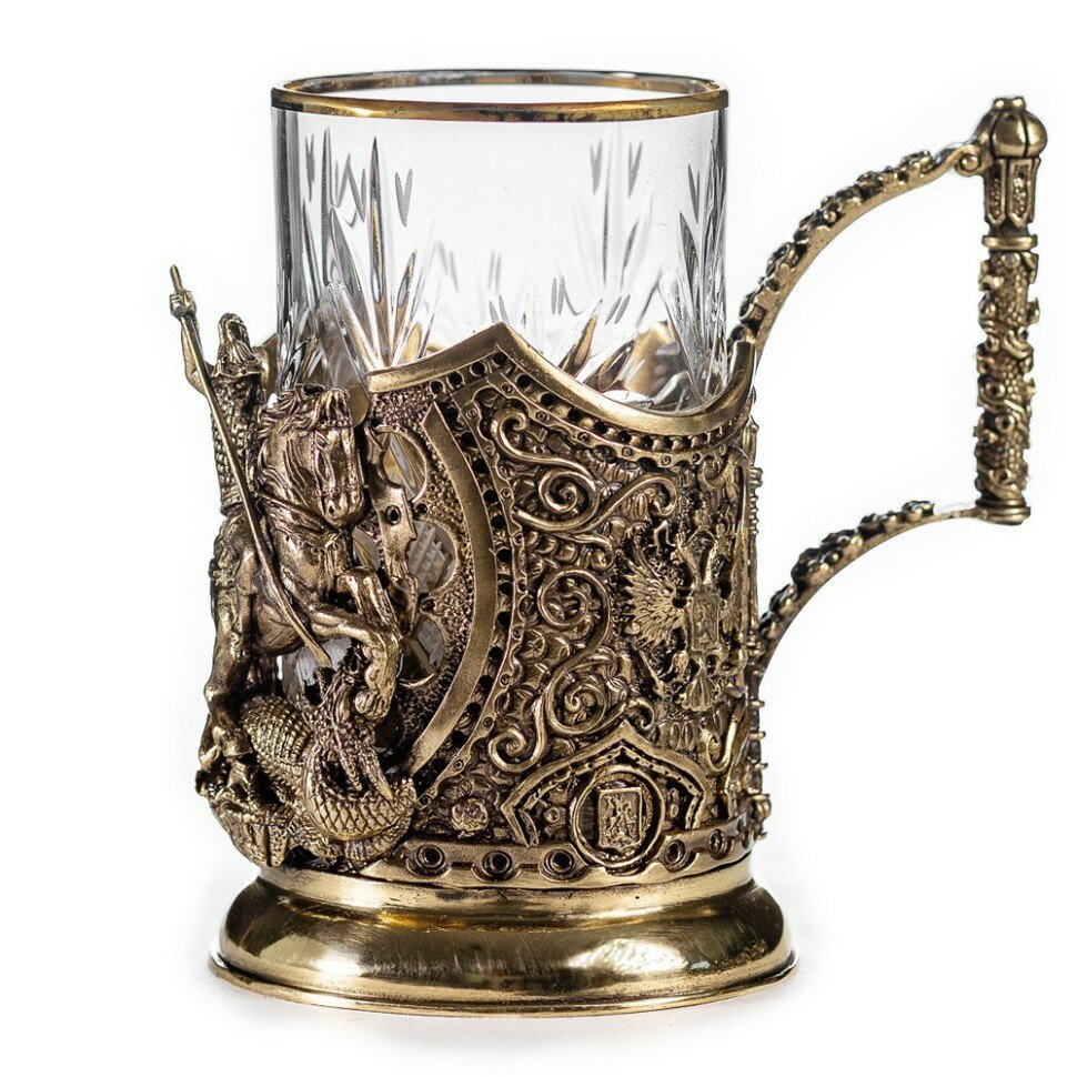 Латунный подстаканник "Георгий Победоносец" со стаканом