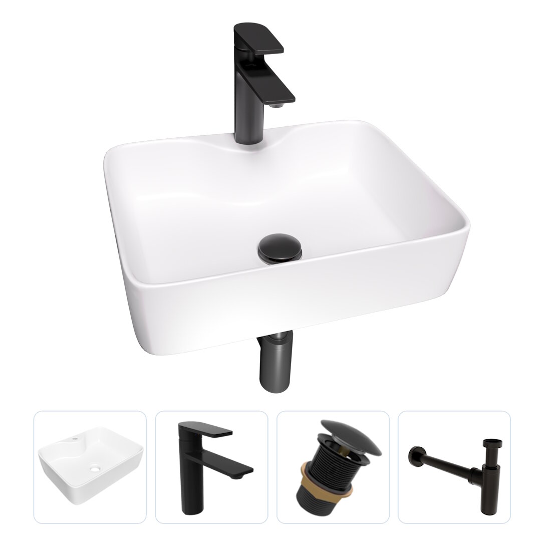 Раковина накладная для ванной Teymi Helmi S 48 в комплекте смеситель черный матовый донный клапан клик-клак без перелива черный и сифон черный F13117