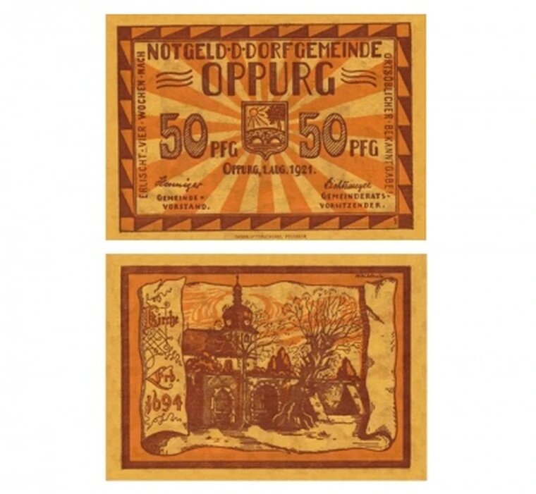 Нотгельд 50 пфеннигов 1921 Германия, Оппург, сувенирная копия, банкноты и купюры редкие коллекционные