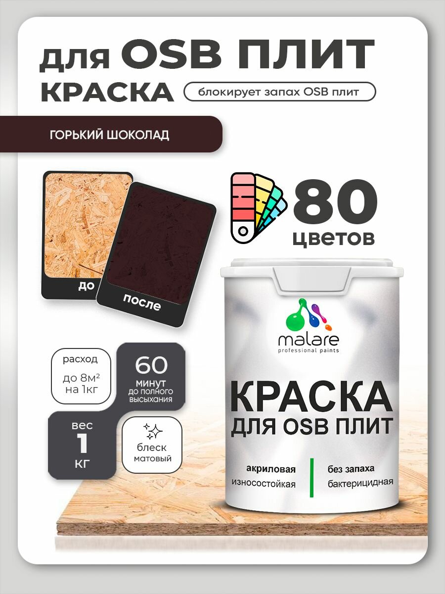 Акриловая краска для ОСБ плит Malare для дерева для наружных и внутренних работ, быстросохнущая без запаха матовая, горький шоколад, 1 кг
