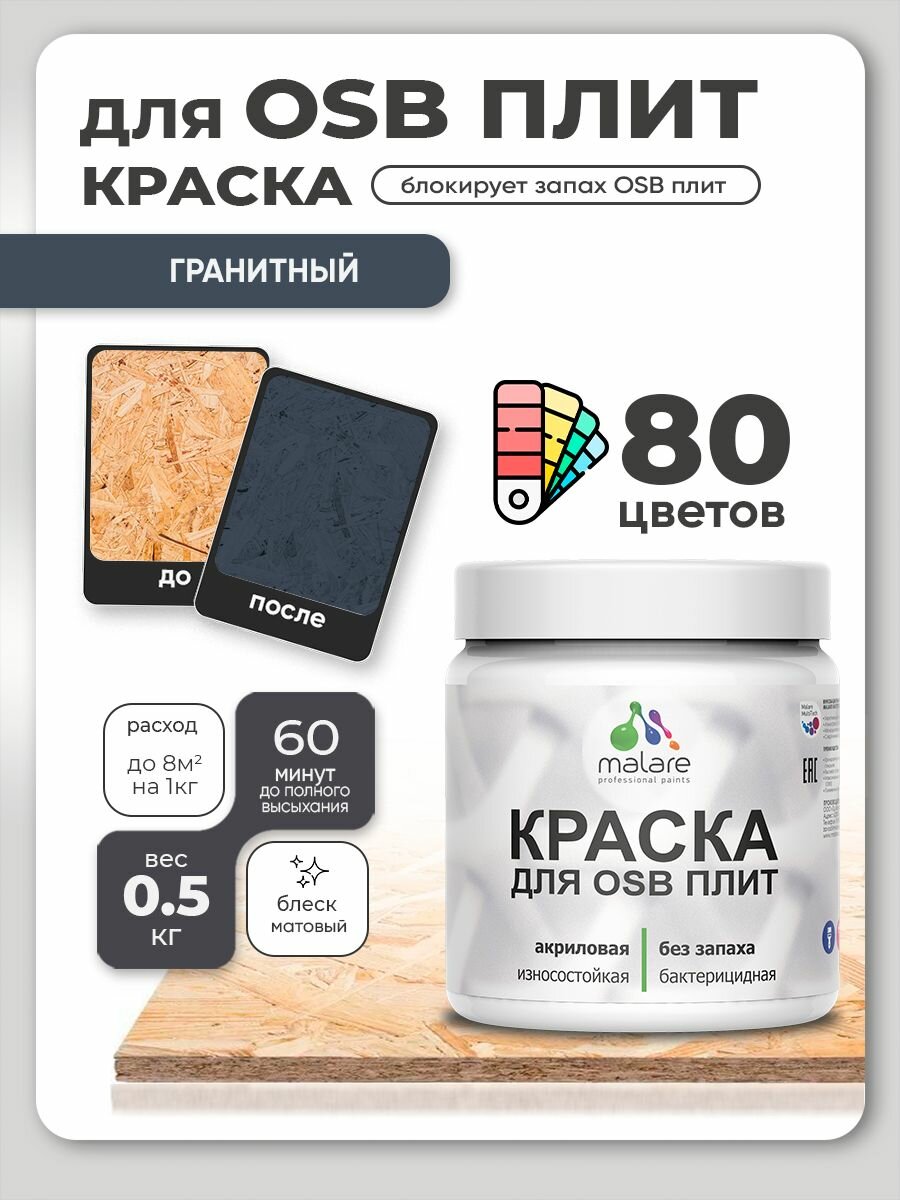 Акриловая краска для ОСБ плит Malare для дерева для наружных и внутренних работ, быстросохнущая без запаха матовая, гранитный, 0.5 кг