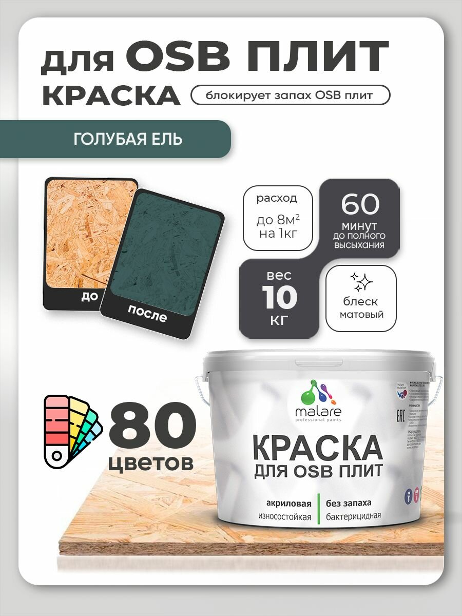 Акриловая краска для ОСБ плит Malare для дерева для наружных и внутренних работ, быстросохнущая без запаха матовая, голубая ель, 10 кг