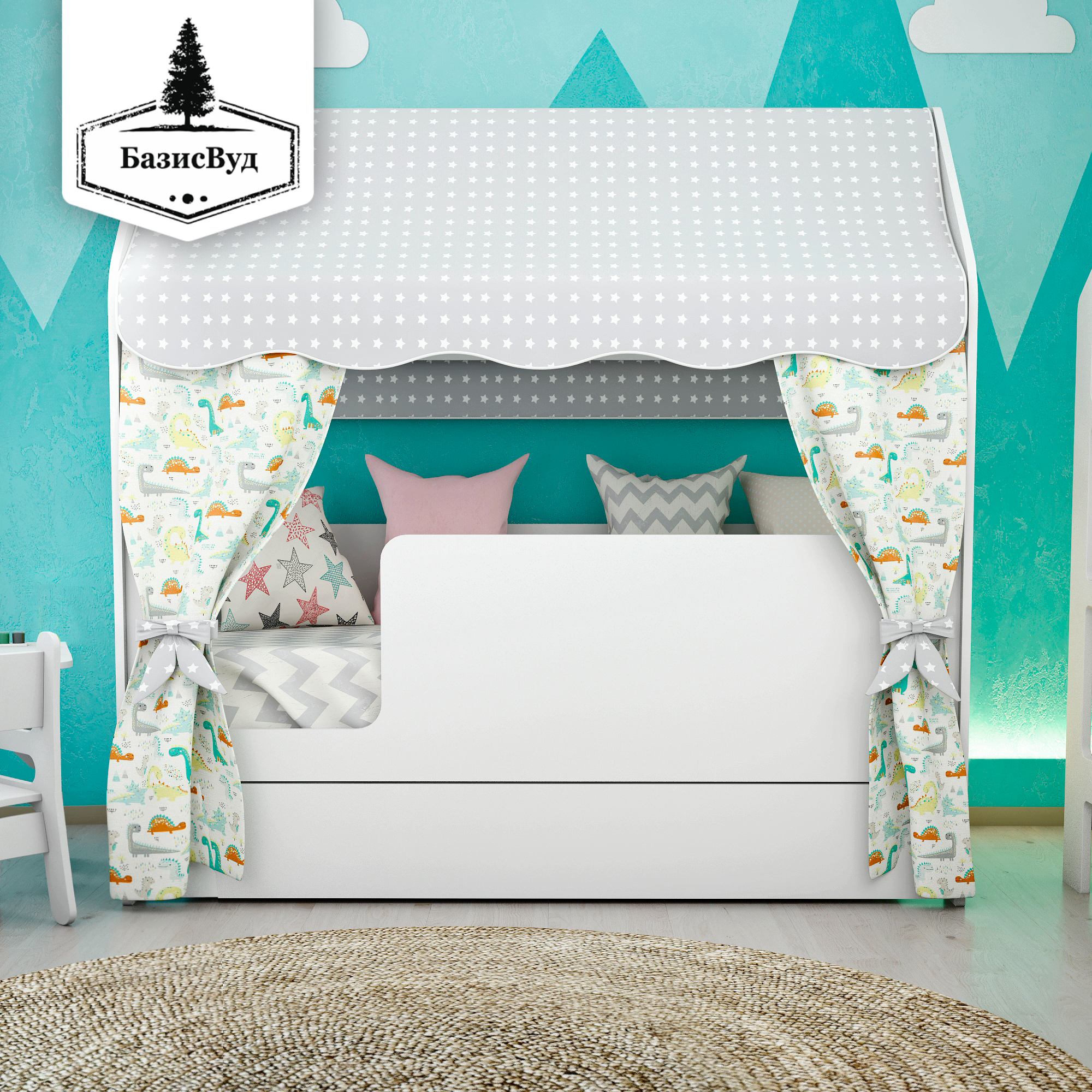 Кровать-домик, Детская кроватка с бортиком под матрас 160х80, БазисВуд "Сладкий сон" с текстилем (серый, с динозавриками) и ящиком, вход универсальный