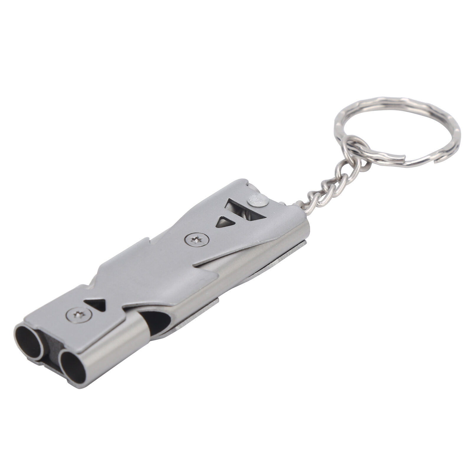 Outdoor Survival Whistle with Keychain Stainless Steel Double Tubes Safety WhistleGray