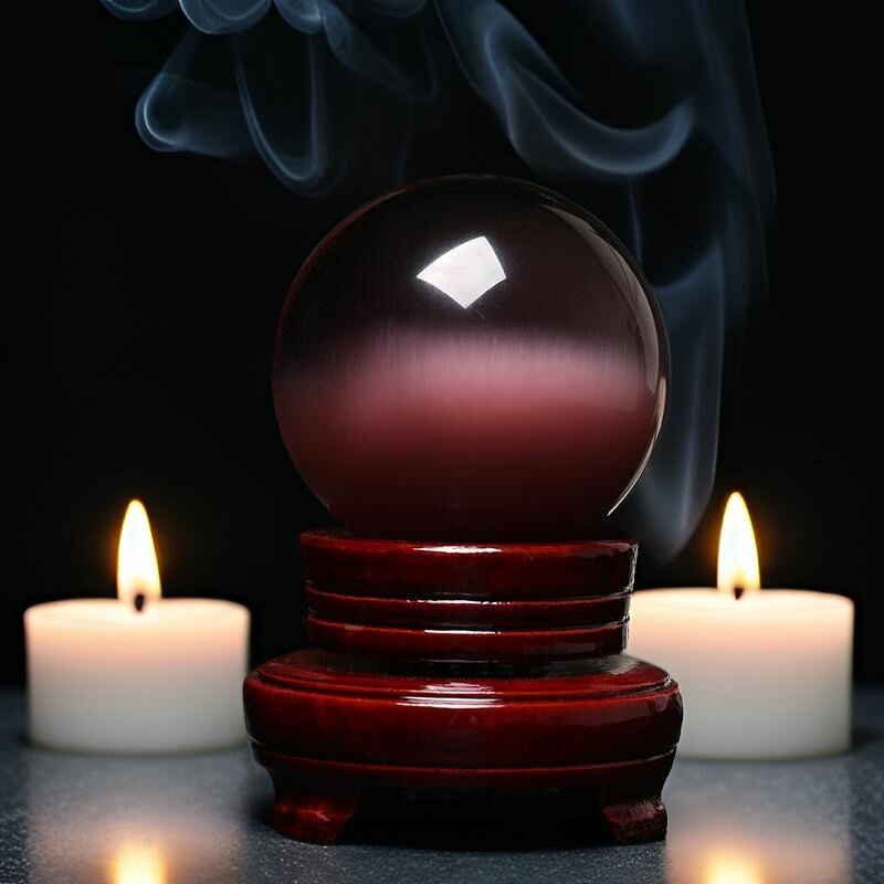 Фиолетовый кошачий глаз Магический хрустальный шар, гадание, ритуал, Диаметр 8 см, С основанием