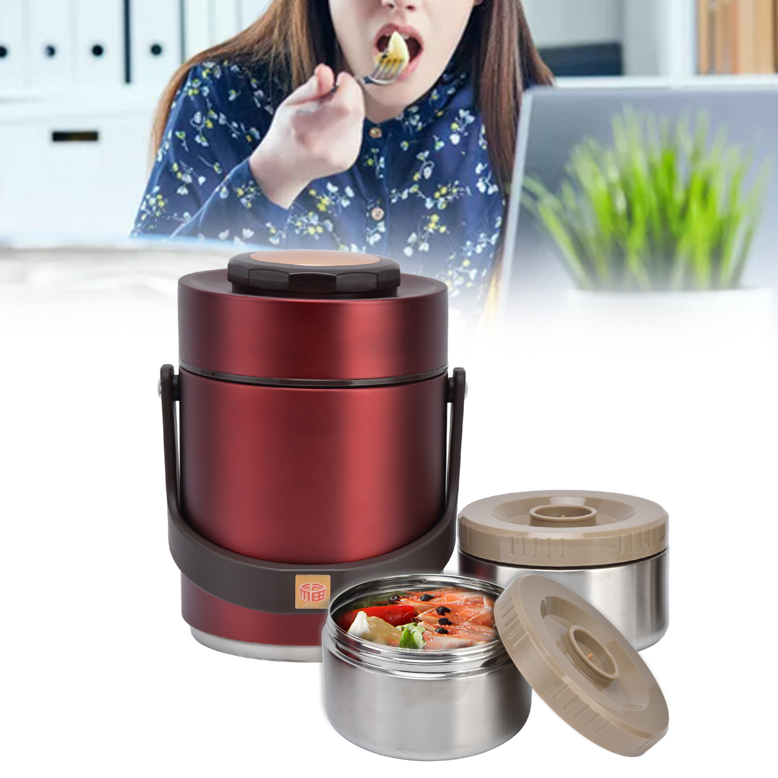 Изоляционный ланч-бокс большой емкости 1,5 л из нержавеющей стали, портативный вакуумный контейнер для сохранения тепла для взрослых, студентов, красный