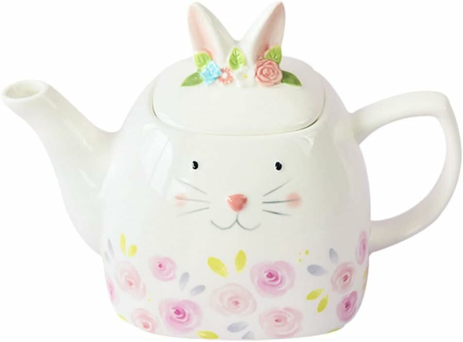 Керамический пасхальный чайник-кролик Rabbit Shaped Kung Fu Teapot для дома/офиса, Эко-дизайн с ручкой-ушком, Быстро кипятит воду, Чайник для пасхального чаепития (Белый/Пастельные тона)
