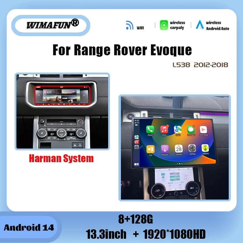 13,3-дюймовый Android 14 для Range Rover Evoque L538 2012-2018 Автомобильный GPS-навигатор Радио Мультимедийный плеер Carplay OEM меню HD экран Harman 128G Big
