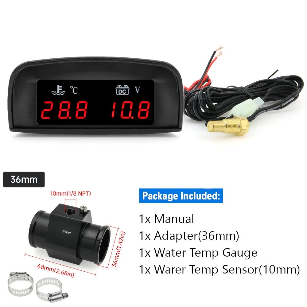 ЖК цифровой датчик температуры воды для автомобиля и грузовика 2 в 1 + Вольтметр + датчик температуры охлаждающей жидкости 10 мм для автомобиля 12 В/24 В, With Adapter 36mm