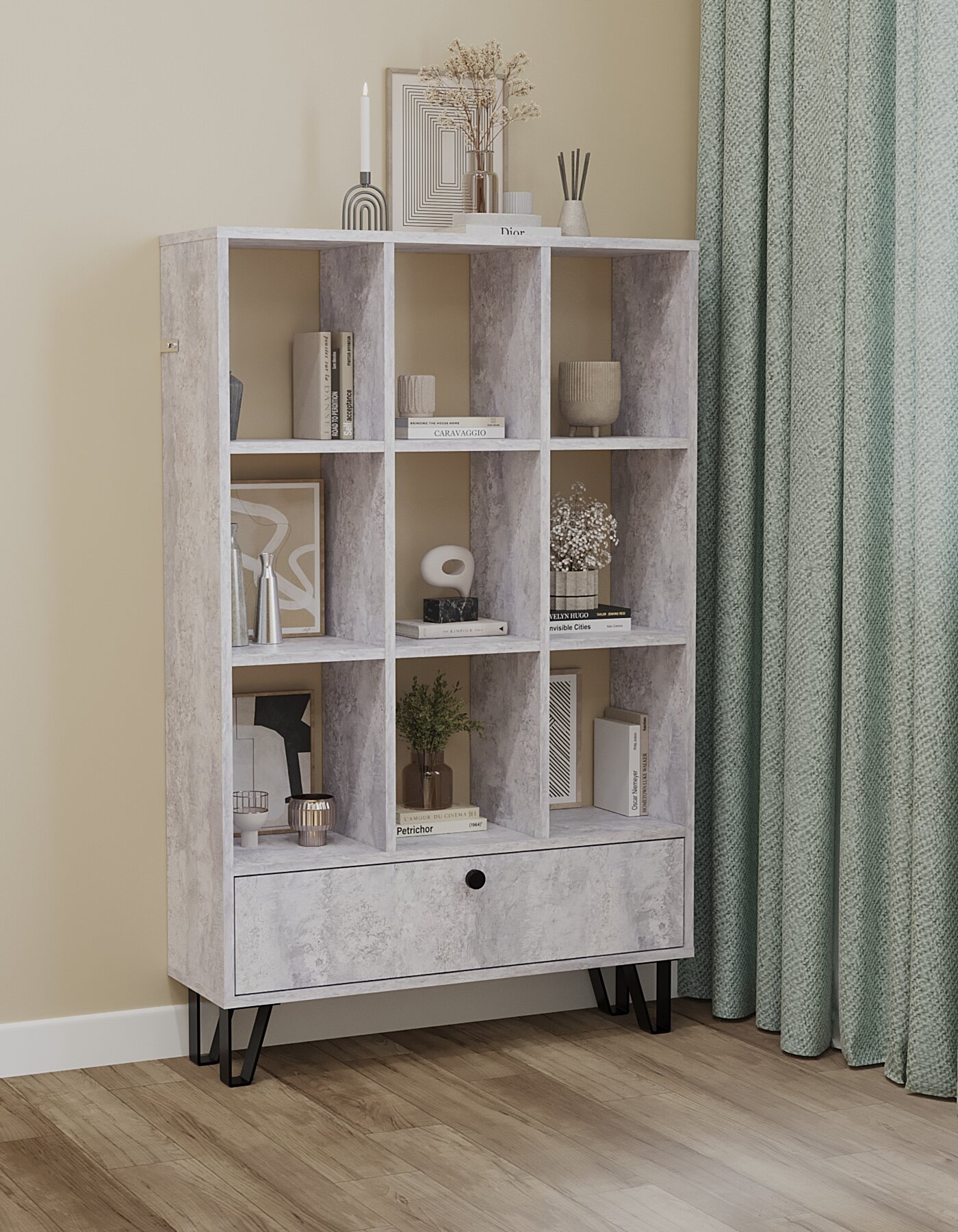 Стеллаж Volodin&Co, ЛДСП, для книг и игрушек, откидная секция, цемент/бетон/светло-серый