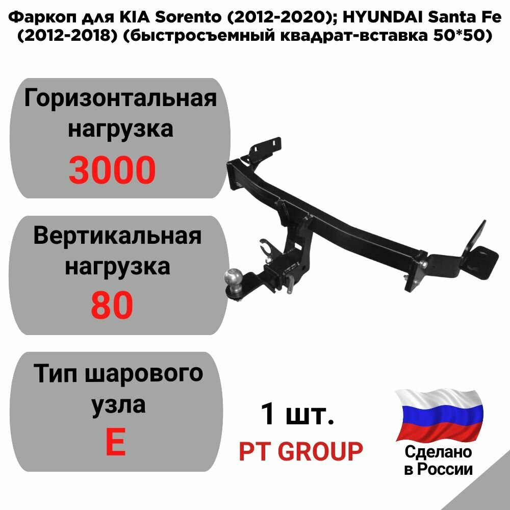 Фаркоп для KIA Sorento (2012-2020); HYUNDAI Santa Fe (2012-2018)(быстросъемный квадрат-вставка 50*50) "PT Group" KSR1299112200