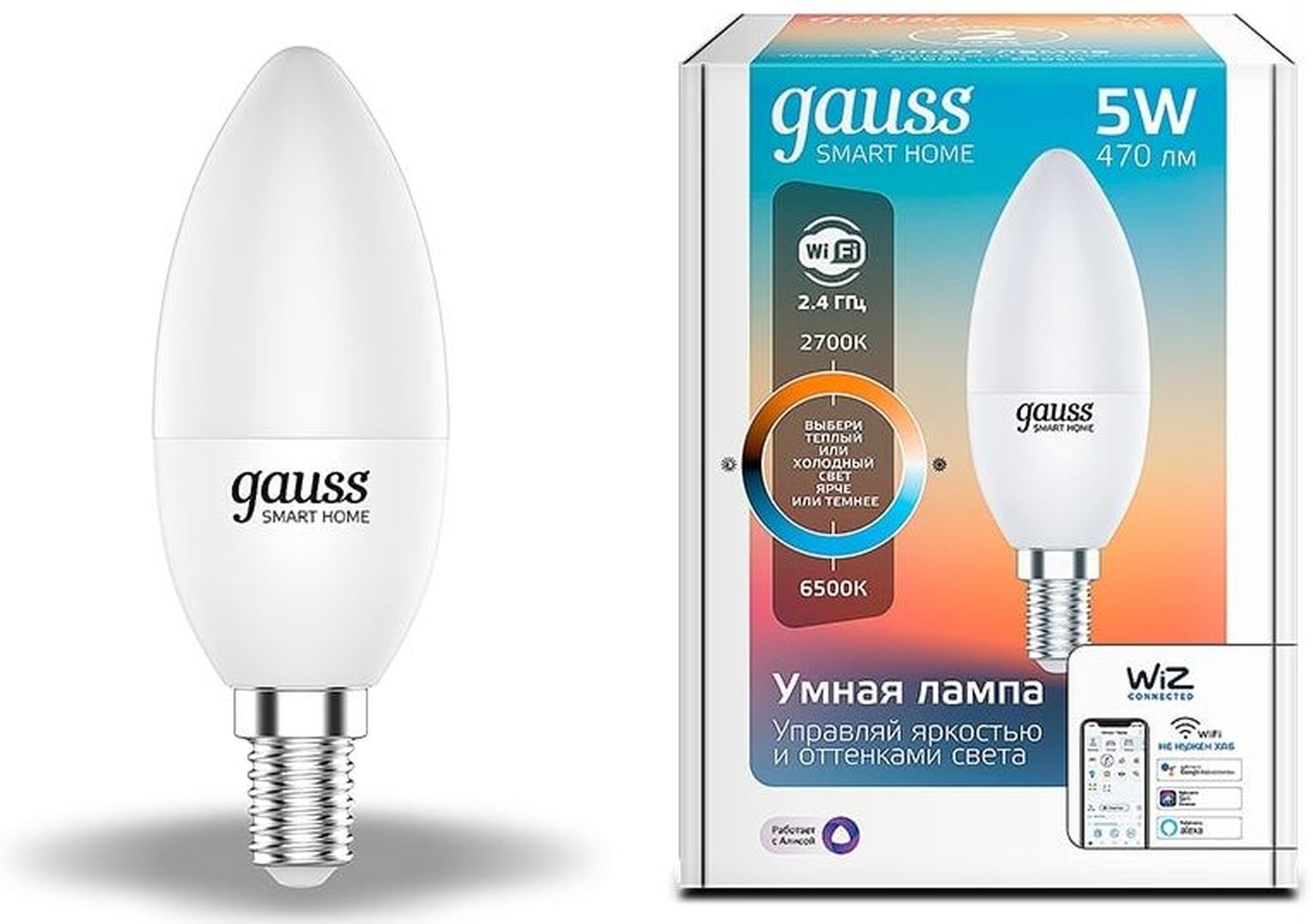 Лампа светодиодная gauss Smart Home 1110112, E14, C37, 5 Вт, 6500 К