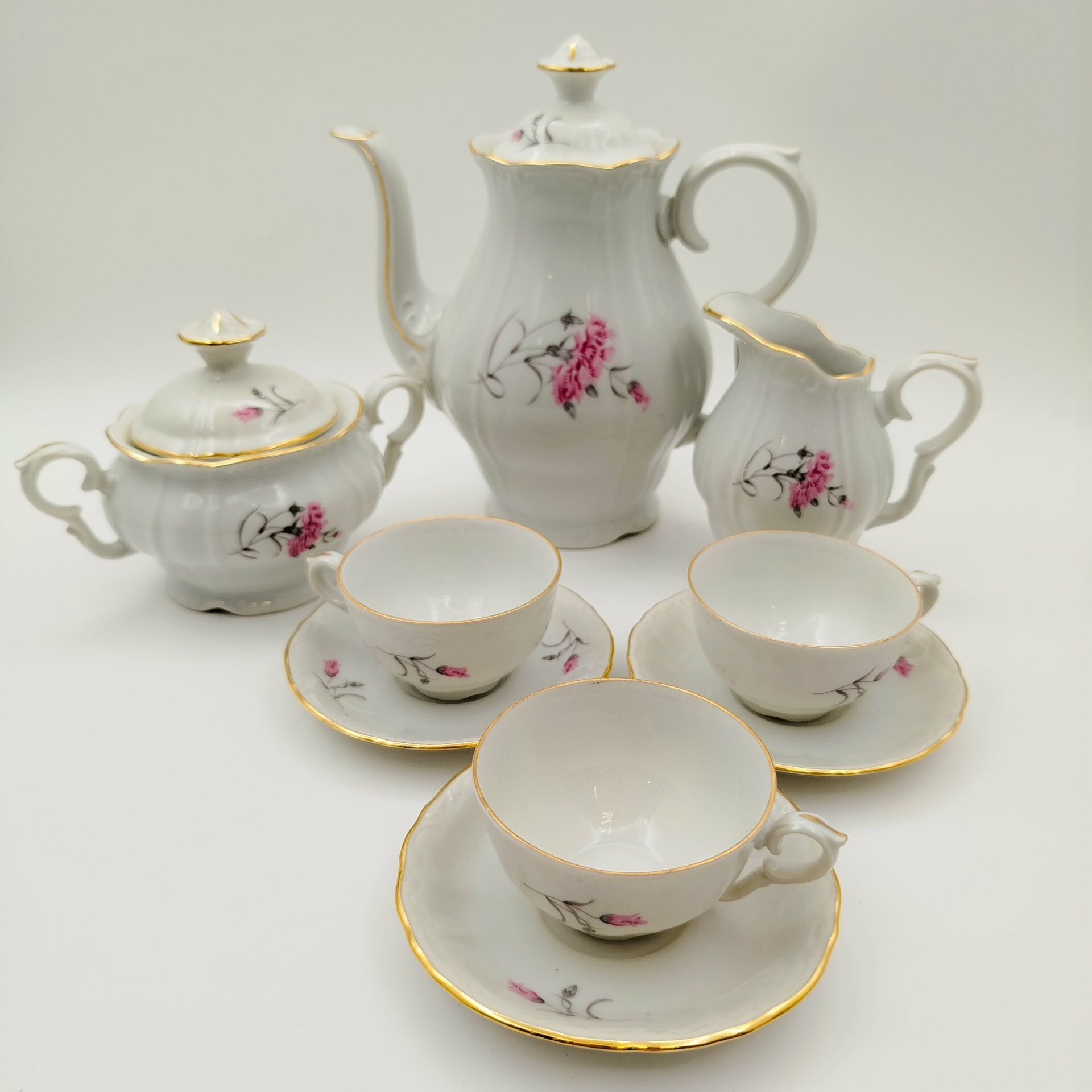 Сервиз кофейный с цветочным декором на 3 персон (9 предметов), фарфор, деколь