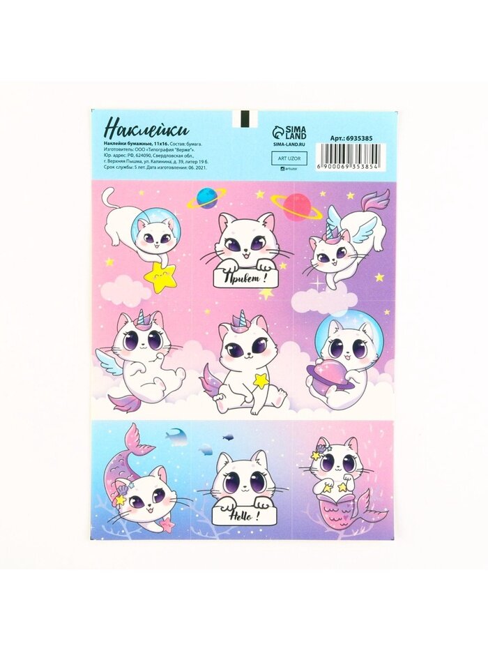 Наклейки детские бумажные Magic cat, 11×15.5 см, 10 шт.
